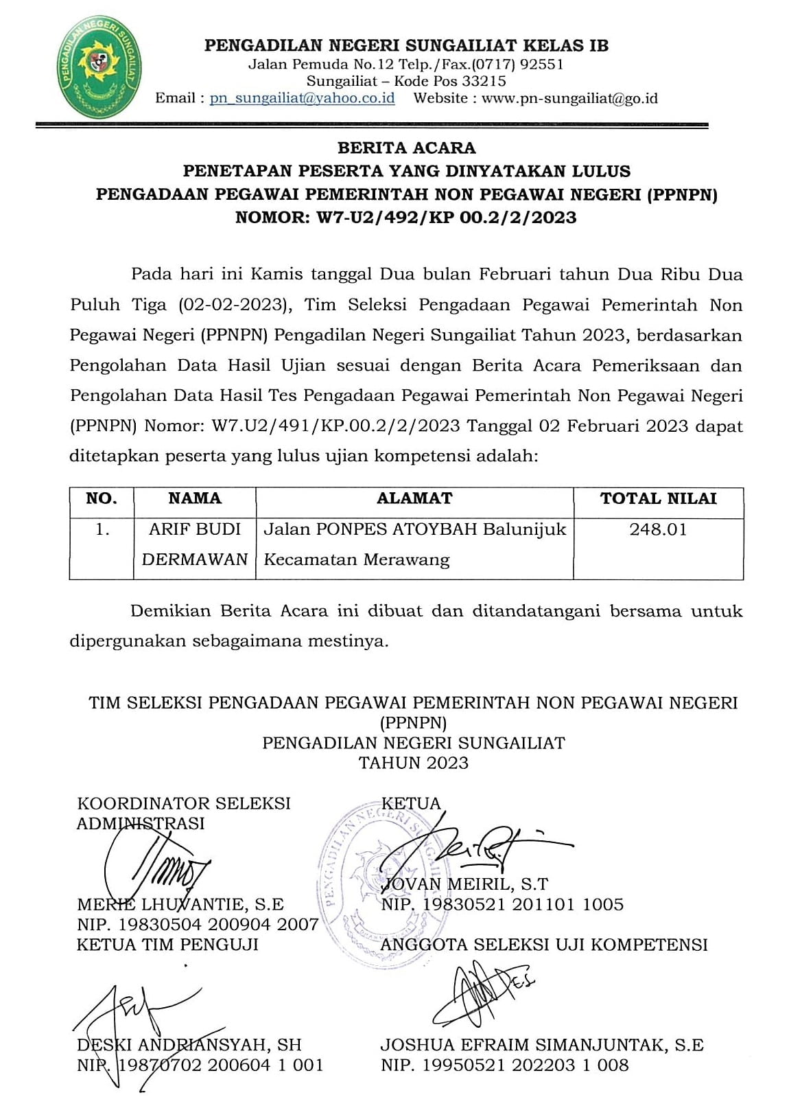 Peserta yang dinyatakan Lulus Pengadaan Pegawai Pemerintah Non Pegawai ...